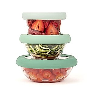 Food Huggers Replacement Lids for Glass Storage Containers | Silicone & Glass Lids that Don’t Crack | Fits Round Container Brands & Bowls | 100% Plastic Free | 3 Lid Set (XS,S,M), Gradual Green