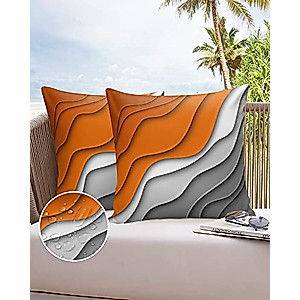Pack of 2 Decorative Pillow Covers Outdoor Indoor Throw Pillow Cases Ombre Abstract Orange and Grey Geometric Waterproof Covers for Couch Garden Patio Pillows 16x16 inch