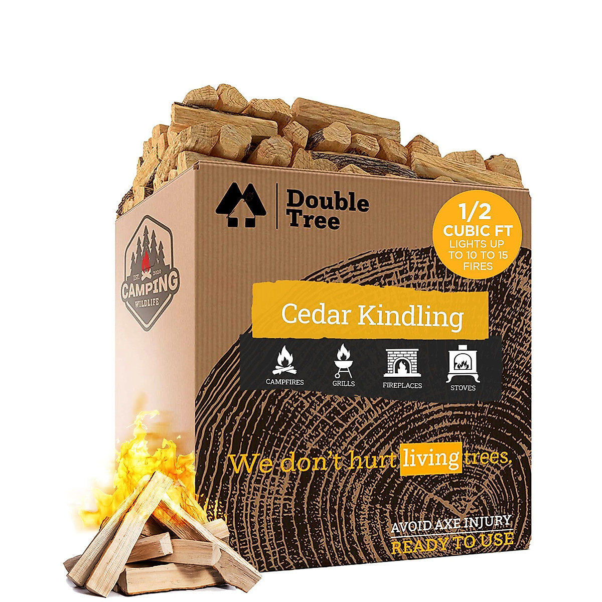 Double Tree Fire Starter Sticks - 100% Natural Cedar Wood Kindling, Quick & Easy Burning for Campfire, Camping Cooking Stove, Fire Pit, Fireplace & Grilling, lndoor & Outdoor - (Medium 1/2 Cubic ft)