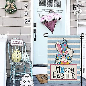 Happy Easter Gnome Garden Flag Double Sided Vertical Burlap 12×18 Inch Holiday Stripes Banners, Spring Rustic Farmhouse Yard Outdoor Decoration DF025