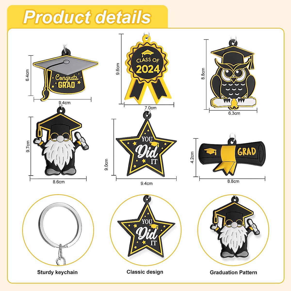 Sureio 30 Pcs Class of 2024 Graduation Keychains Gifts for 6 Designs Rubber Inspirational 2024 Grad Gifts Class of 2024 Decorations(Blue and Gold)