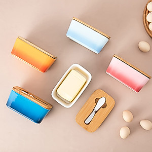 Porcelain Butter Dish with Knife & Wooden Lid, Candiicap Airtight Butter Keeper for Countertop, Large Butter Holder for East West Coast Butter(Matte Pink)