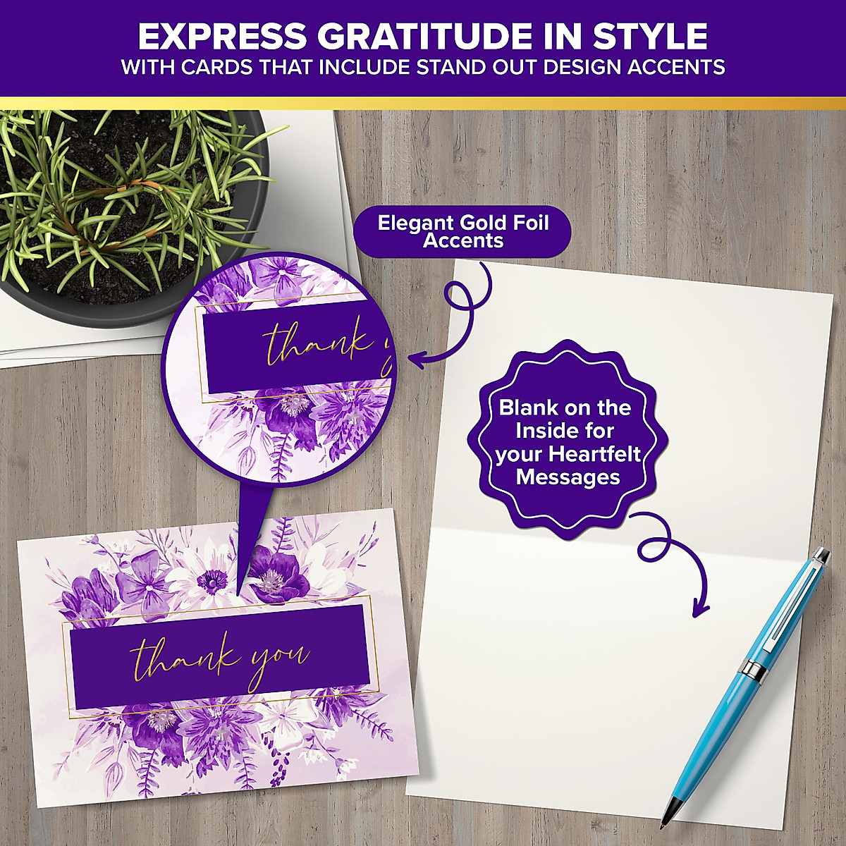 Decorably Thank You Cards with Envelopes & Stickers, Gold-Foiled Cards, 24 Pack Purple Thank You Cards with Envelopes Purple, Blank Inside Thank You Cards Purple, 6x4in Purple and Gold Thank You Cards