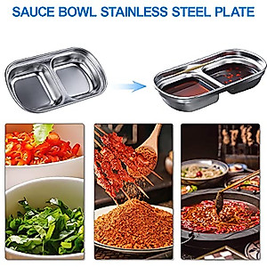 FATEE 4 Pcs Soy Sauce Dish Stainless Steel Dual Dipping Sauce Cups, Seasoning Dishes Appetizer Serving Tray for Restaurant Kitchen,Soy Sauce, Ketchup, BBQ Sauce