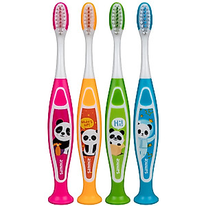 PRO-SYS Kids Toothbrush with Suction Cup, Sammie The Panda, Animal Design, Soft Bristles for Boys & Girls, Toddlers & Children Ages 2+, Pack of 4