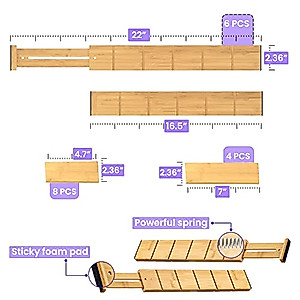 NuStar Technology 6 Pack Bamboo Drawer Dividers with 12 inserts – 16.3-22 Inches Expandable and Adjustable Drawer Dividers for Baby Clothes, Kitchen, Office, Organizer, with Non-Skid Grip