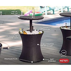 Keter Outdoor Patio Furniture and Hot Tub Side Table with 7.5 Gallon Beer and Wine Cooler, Brown