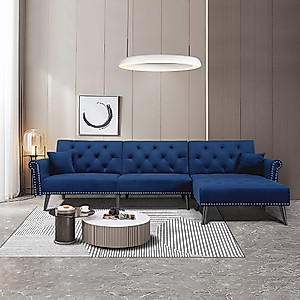 POCIYIHOME Sectional Sofa Right Hand Facing Velvet Button Tufted, L Shape Chaise with Nail Head Detail, Conical Wood Leg, 2 Pillows, Modern & Elegant, Home Furniture for Living Room,Office, Navy Blue