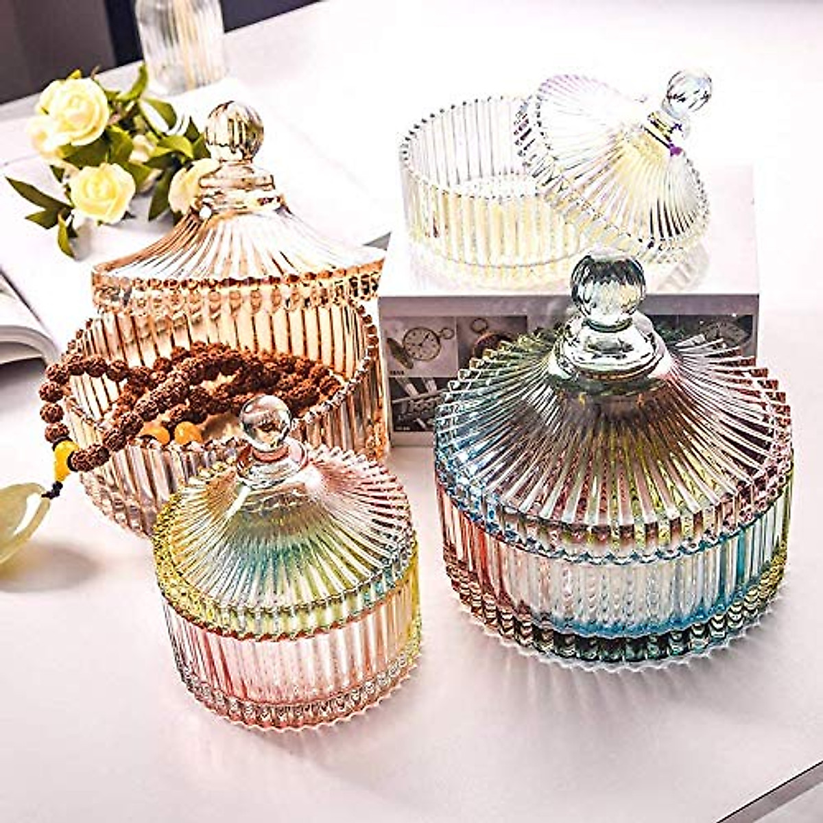 CHOOLD Luxury Colorful Tent Shaped Crystal Candy Jar with Lid,Clear Glass Apothecary Jar Wedding Candy Buffet Jar Food Jar (10oz/24oz) (Amber-S)