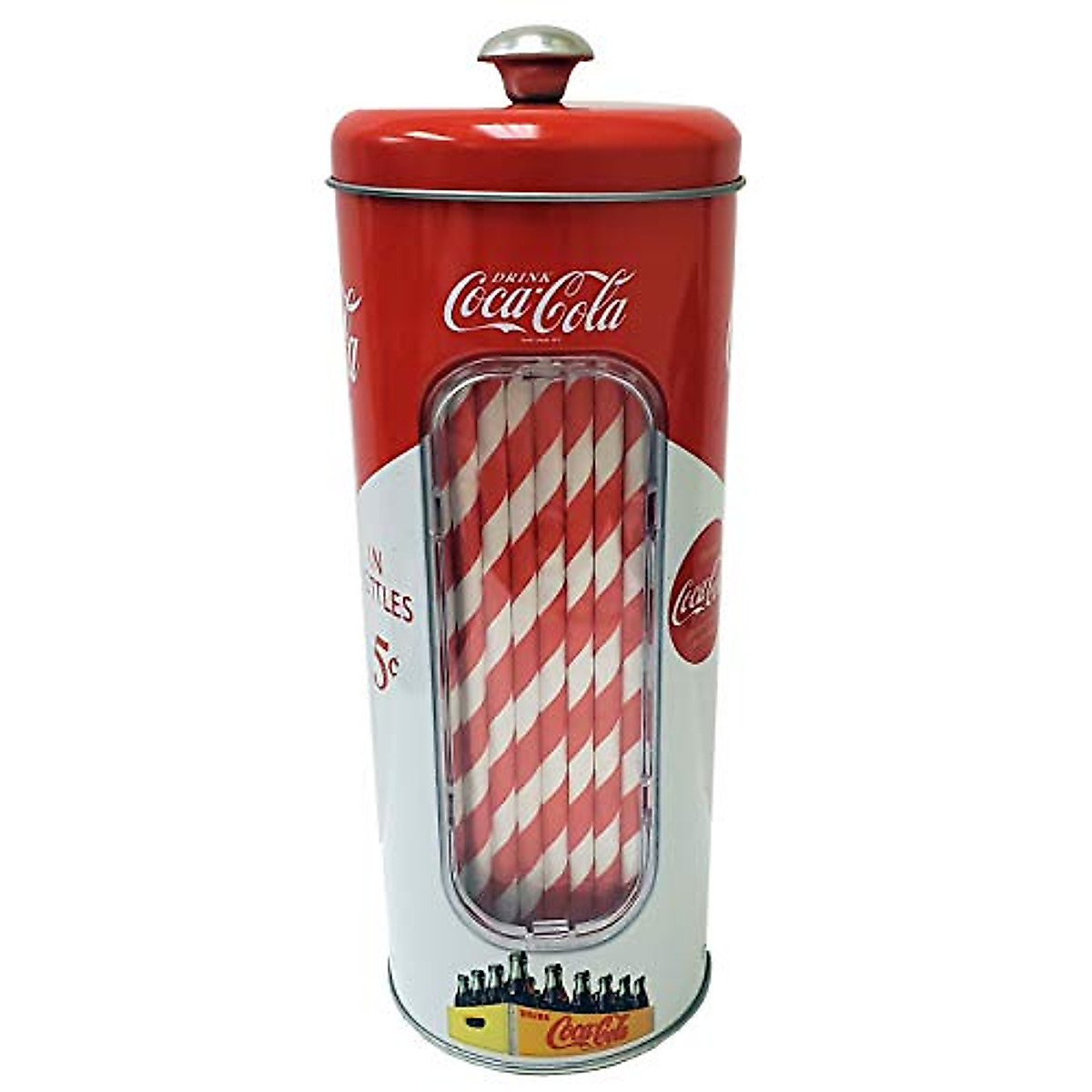 The Tin Box Company Coke Holder Tin with 20 Paper Straws Inside, 3-3/8 x 8-1/4"H, Red and White