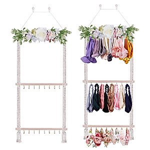 cherrboll Headband Holder for Girls, Hair Bows Organizer with 24 Hooks, Wall Hanging Hair Accessories Organization Storage Boho Decor for Nursery Room Door
