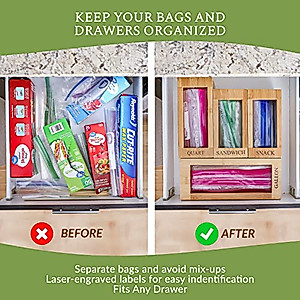 Bamboo Ziplock Baggies Organizer for Drawer - Food Ziplock Bag Storage Organizer - 4 Piece Bamboo Plastic Bag Ziplock Organizer for Drawer - Storage for Gallon, Quart, Sandwich & Snack Bags - LARGER Size Quart Container - Kitchen Ziplock Bag Organizer