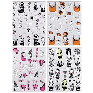 JMEOWIO 3D Embossed Halloween Nail Art Stickers Decals Self-Adhesive Pegatinas Uñas Pink 5D Skull Cute Ghost Spider Web Spook Nail Supplies Nail Art Design Decoration Accessories 4 Sheets
