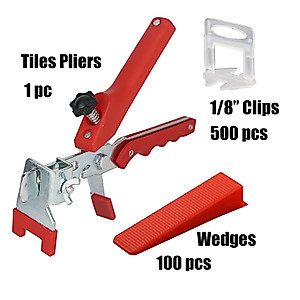 TR TOOLROCK Tile Leveling System 1/8 inch Kit - 500Pcs 1/8 inch Tile Spacers Clips and 100Pcs Tile Wedges and 1Pc Floor Tile Plier Lever Building Walls Floors Tile Tools Kit