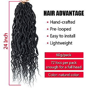 Faux Hair Goddess Locs Crochet Hair 6Packs 24Inch Pre-looped with Soft Curly Ends Dreadlocks Wavy Faux Crochet Locs Synthetic Braids Extensions 72strands(24'', 1B)