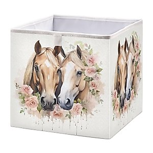 Emelivor Horse Roses Cube Storage Bin Fabric Storage Cubes Collapsible Foldable Storage Baskets Organizer Containers for Shelves Nursery Closet Bedroom Living Room,11 x 11inch