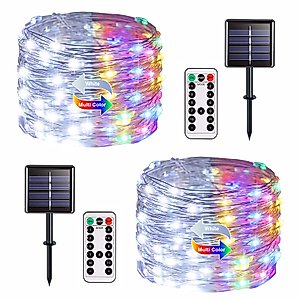 JMEXSUSS 2 Pack Solar Fairy Lights Color Changing, White and Multicolor 100 LED 33ft Solar String Lights Outdoor Waterproof, 11 Modes Copper Wire Solar Christmas Lights