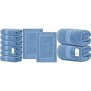 White Classic Luxury Hand Towels | 6 Pack Luxury Bath Mat | 12 Pack Luxury Bath Sheet | 2 Pack Bundle (Light Blue)