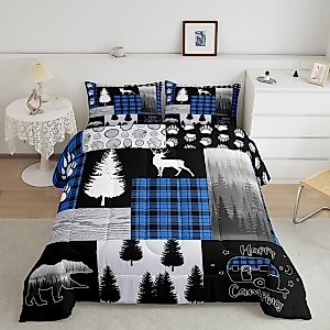 Deer Kids Comforter Set Full Size,Bear Hunting Woodland Rustic Cabin Bedding Set for Boys Girls Adult,Camping Adventure Geometric Plaid Patchwork Down Comforter,Pine Tree Xmas Duvet Insert Blue Black