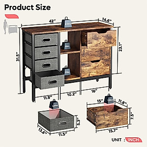 Bestier Sideboard Storage Unit w/ 3 Drawers, 2 Adjustable Shelves, 4 Sliding Fabric Cubes, & Adjustable Foot Pads for Living Room, Bedroom, or Hallway