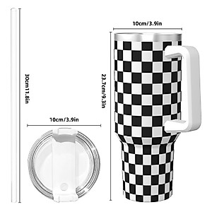 deaokluy 40 OZ Checkered Pattern Ice Bully Cup with Handle Straw Lid, Double Wall Stainless Steel Tumbler Travel Coffee Cup, Black White Insulation and Cooling Cup for Christmas Birthday Present