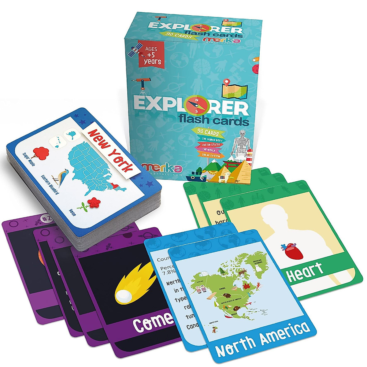 merka Educational Flashcards Bundle: Letters, Numbers, Shapes & Colors Deck (58 Cards) and Explorer Deck (90 Cards) – Learning Toys/Games – Ages Toddler through Teen – Homeschool or Classroom Use