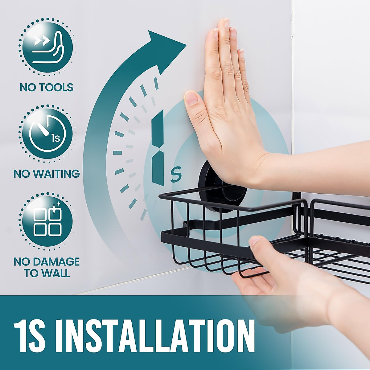 TAILI Suction Shower Caddy 2 Pack with Hooks, Drill-Free Rotating Stainless Steel Shower Shelf Basket, Removable Heavy Duty Shower Rack Organizer for Bathroom, Black