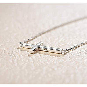 FANCIME White Gold Plated 925 Sterling Silver High Polished Horizontal Plain Sideways Cross Crucifix Pendant Necklace Fine Jewelry Gift For Women, 16" + 2" Extender