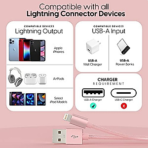 TALK WORKS iPhone Charger Lightning Cable 10ft Long Braided Heavy Duty Cord MFI Certified for Apple iPhone 13, 12, 11 Pro/Max/Mini, XR, XS/Max, X, 8, 7, 6, 5, SE, iPad, AirPods, Watch - Rose Gold