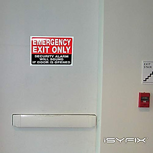 iSYFIX Emergency Exit Only Stickers – 2 Pack 10x7 Inch – Premium Self-Adhesive Vinyl, Laminated UV, Weather, Scratch, Water & Fade Resistance, Security Alarm Will Sound if Door is Opened Signs