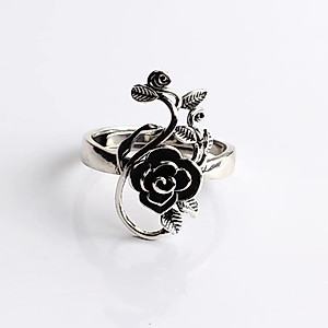 Black Rose Flower Stacking Rings for Women Men Dainty 925 Sterling Silver Plated Ring Delicate Open Adjustable Everyday Ring Charm Personalized Jewelry Vintage Elegant Statement Valentine's Day Birthday Fashion Gifts for Her