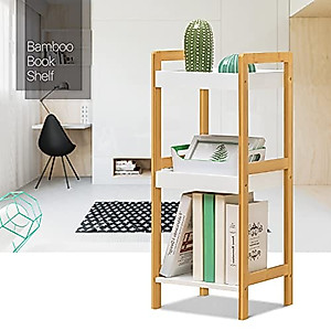 MoNiBloom 3 Tier Small Bookcase, Bamboo Standing Storage Bookshelf Kids Open Shelf Organizer Display Rack Table for Bathroom Bedroom Office Living Room, Natural/White
