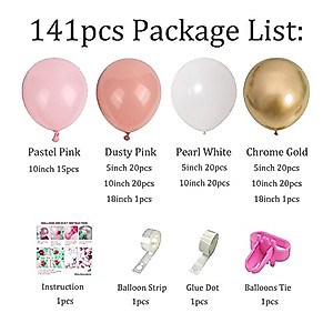 LyzzGlobo Dusty Pink Balloon Garland Kit, Pearl White Chrome Gold Light Pink Dusty Rose Balloons Arch Kit for Wedding Bridal Baby Shower Birthday Decorations