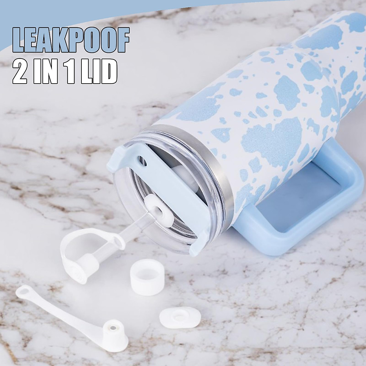 Xereizo 40 oz Tumbler with Handle and Straw, Leak Proof Stainless Steel Insulated Travel Coffee Tumbler Cups Lid and Straw, Iced for 40 Hours Cupholder Friendly Water Bottle Mug, Glacier, Light Blue