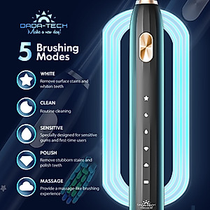 DADA-TECH Electric Toothbrush for Adults and Kids, Sonic Toothbrush Rechargeable with 9 Brush Heads, 5 Modes and 2 Minutes Smart Timer, 4Hours Charge for 60 Days, Roman Column Handle (Black)
