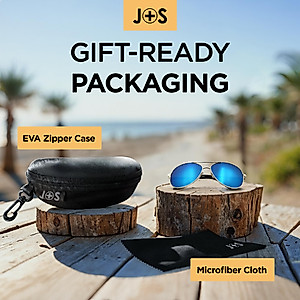 J+S Premium Military Style Classic Aviator Sunglasses, Polarized, 100% UV protection for Men Women (Large Frame - Silver Frame/Blue Mirror Lens