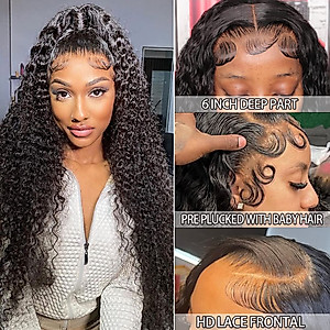 SYHGK 13x6 Deep Wave Lace Front Wigs Human Hair Wigs HD Transparent Deep Curly Lace Frontal Glueless Wigs Human Hair Lace Front Wigs Pre Plucked 150% Density Natural Black 24 Inch