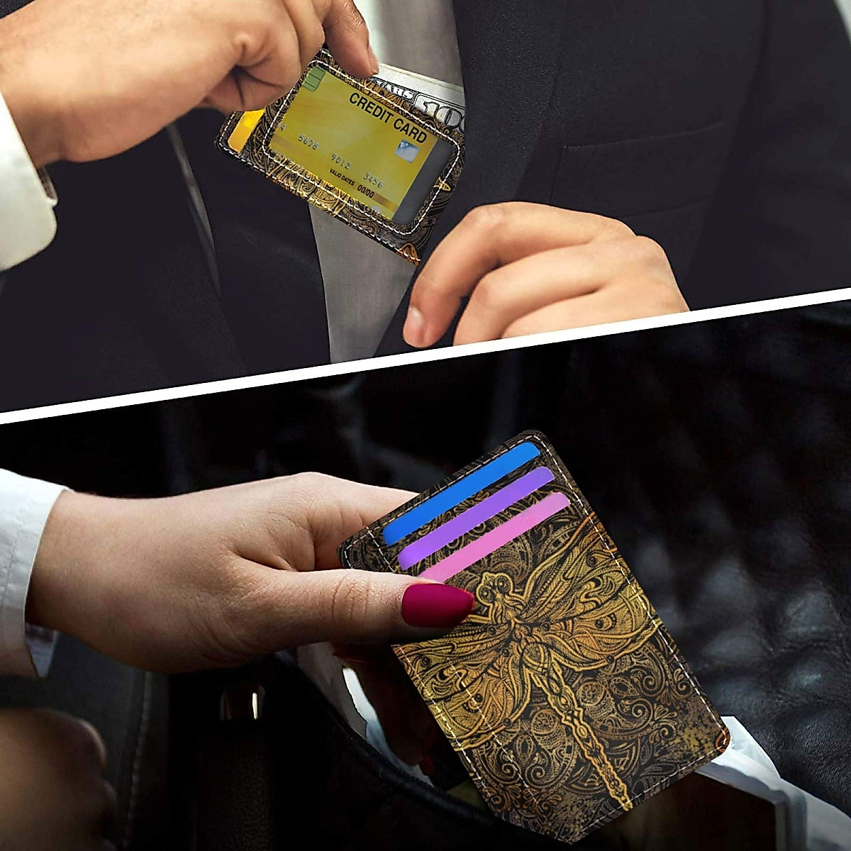Linomo Thin leather Card Holder and Money Clip Mandala Dragonfly Design Wallet RFID Blocking for Men & Women