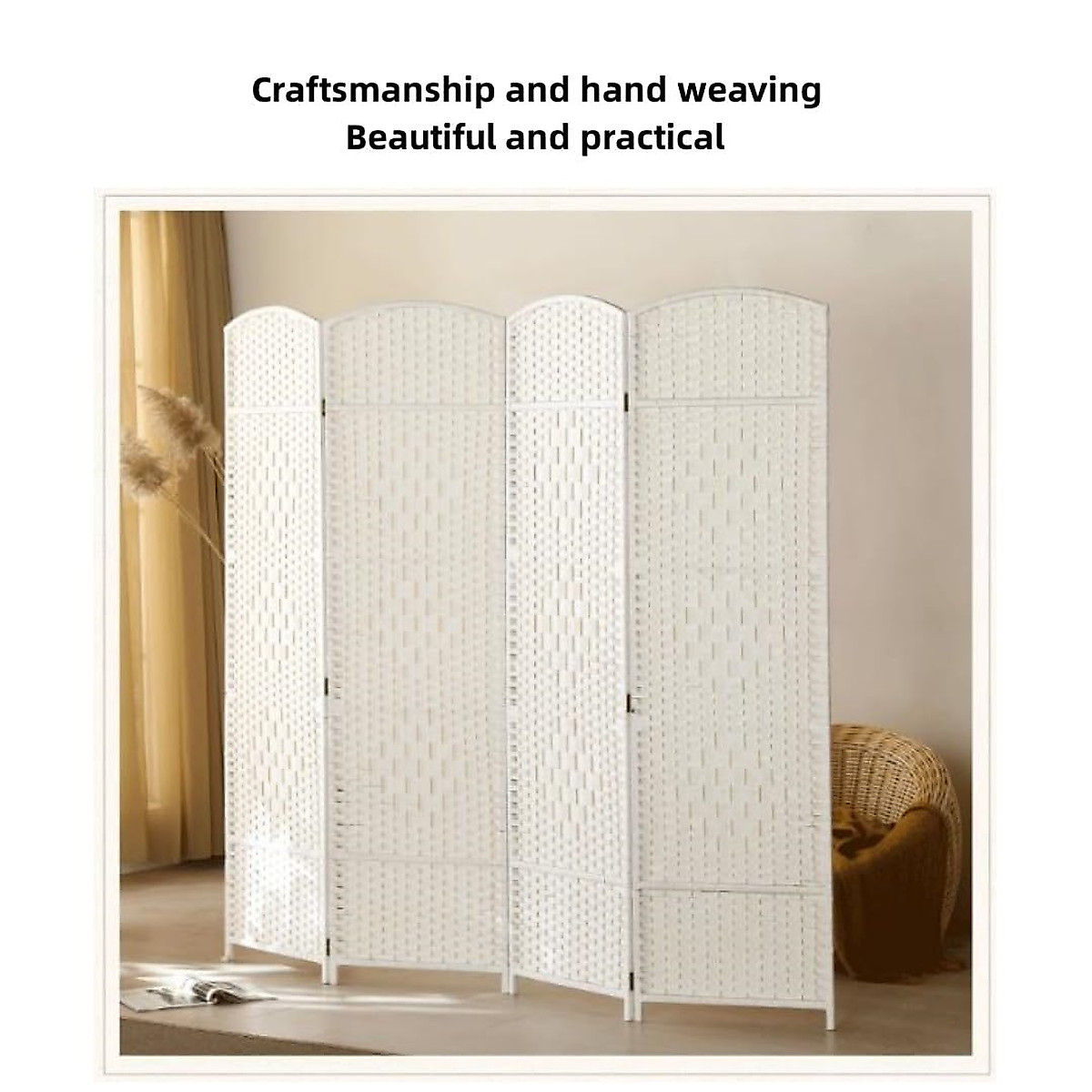 Modern Room Divider Panels，4 Panel Folding Wooden Privacy Screen, Freestanding Partition Screens for Bedroom Living Room Office (Top and Bottom Hollowed Out Milky White,66.9 * 15.7 in)