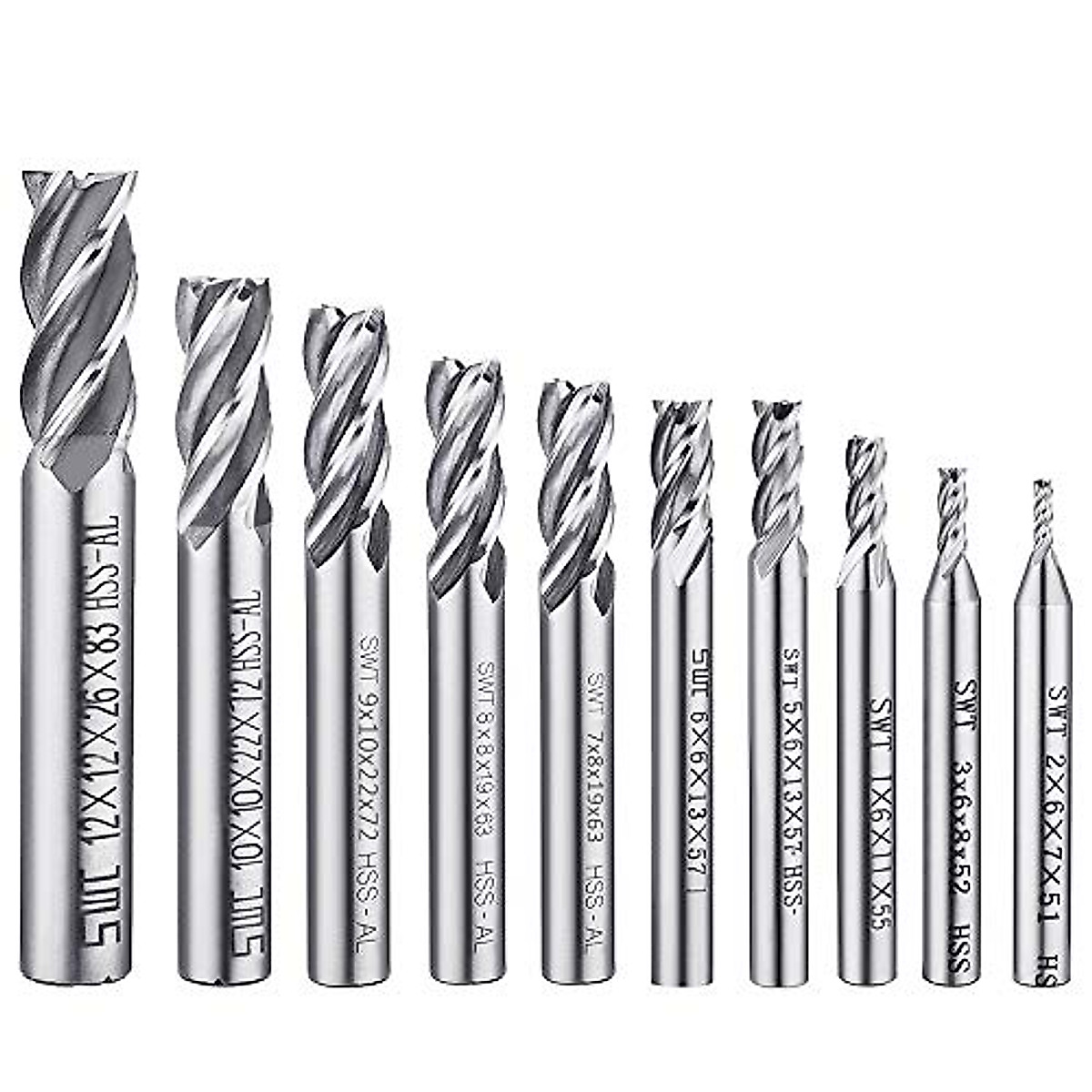 10 pcs 4-Flute End Mill Bits, AFUNTA 0.08" - 0.47" HSS CNC Straight Shank Drill Bits Cutter Tool Set for Wood Aluminum Steel Titanium