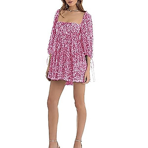 Yoawdats Women Sexy Sequin Tube Dress Square Neck Half Sleeve Backless Tie Up Sparkle Dress Disco Party Mini Dresses (Barbie Pink, S)