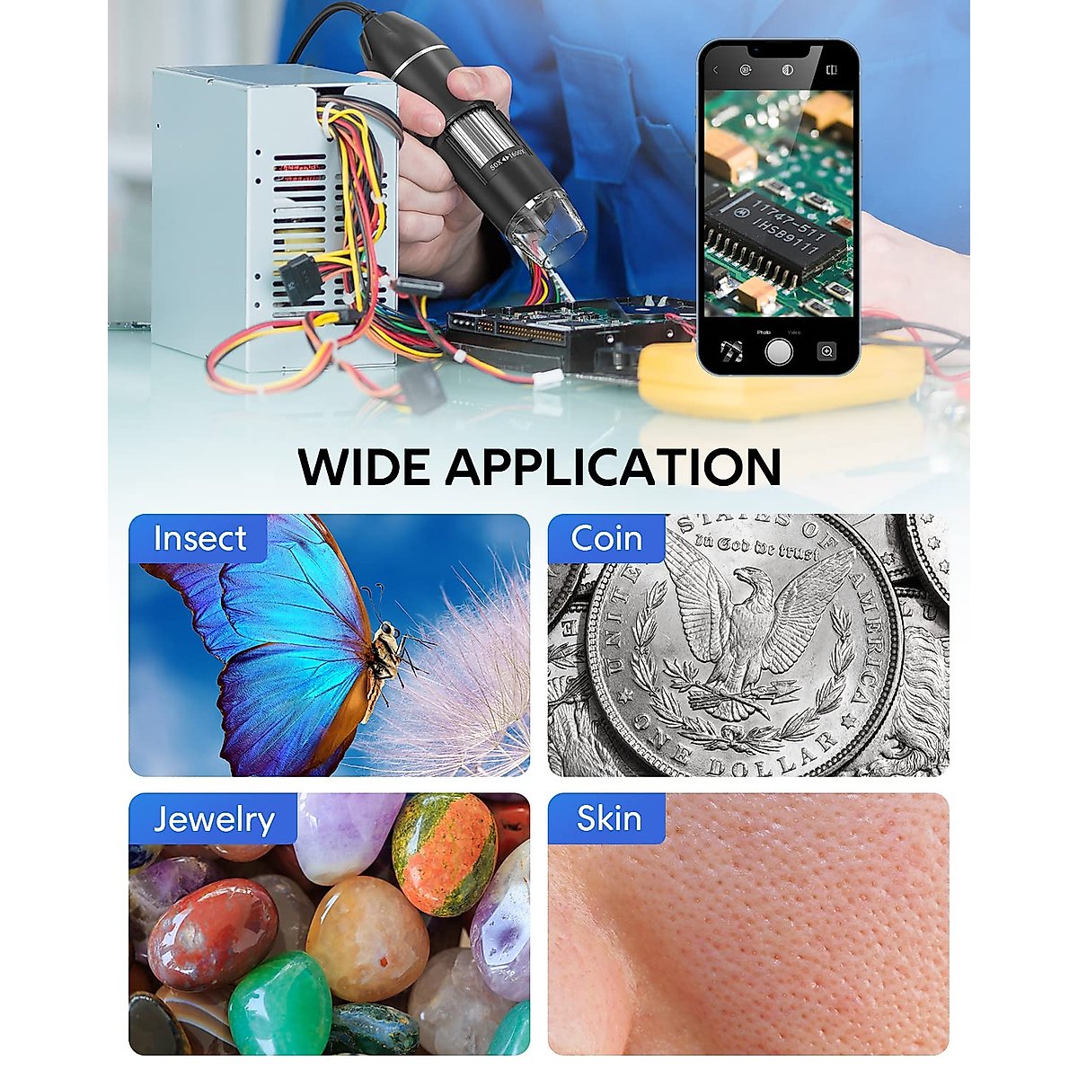 USB Digital Microscope, SKYEAR 50X-1600X Magnification Handheld Digital Microscope Compatible with iOS & Android Devices, Adjustable Stand, 8 LED Lights, Portable Microscope Camera for Adults, Kids