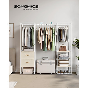 SONGMICS Clothes Rack, 70.9 Inch Wardrobe Freestanding Closet, Heavy Duty Garment Rack with 1 Extendable Hanging Rod, 2 Drawers and 4 Shelves, for Bedroom, Space-Saving, Natural Beige URGR003W67
