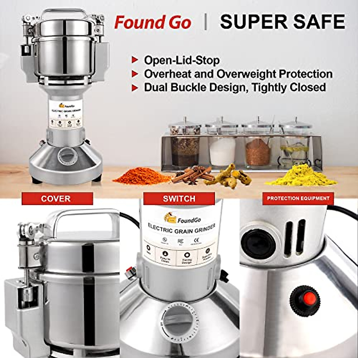 FoundGo Electric Grain Mill 10.6oz/300g Commercial Grain Grinder Stainless Steel Powder Grinding Machine 25,000rpm Pulverizer for Spice/Coffee/Flour/Pepper/Herb Superfine (300g, Standing)