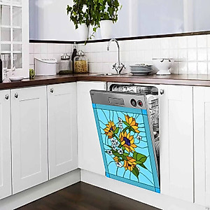Dishwasher Magnet Cover Flowers and Sunflowers with Buds in Stained Glass Window Magnetic Refrigerator Stickers Decorative Appliance Cover Fridge Panels Metal Door Garage 23x26in