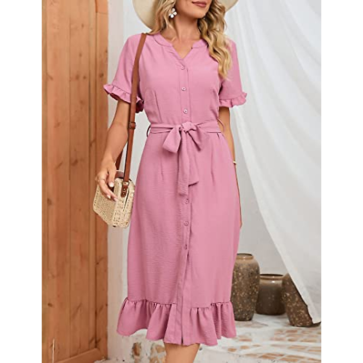 KOJOOIN Women's Button Down Midi Shirt Dress Summer Short Sleeve Tie Waist Split Business Casual Work Long Maxi Dress Dusty Pink XL