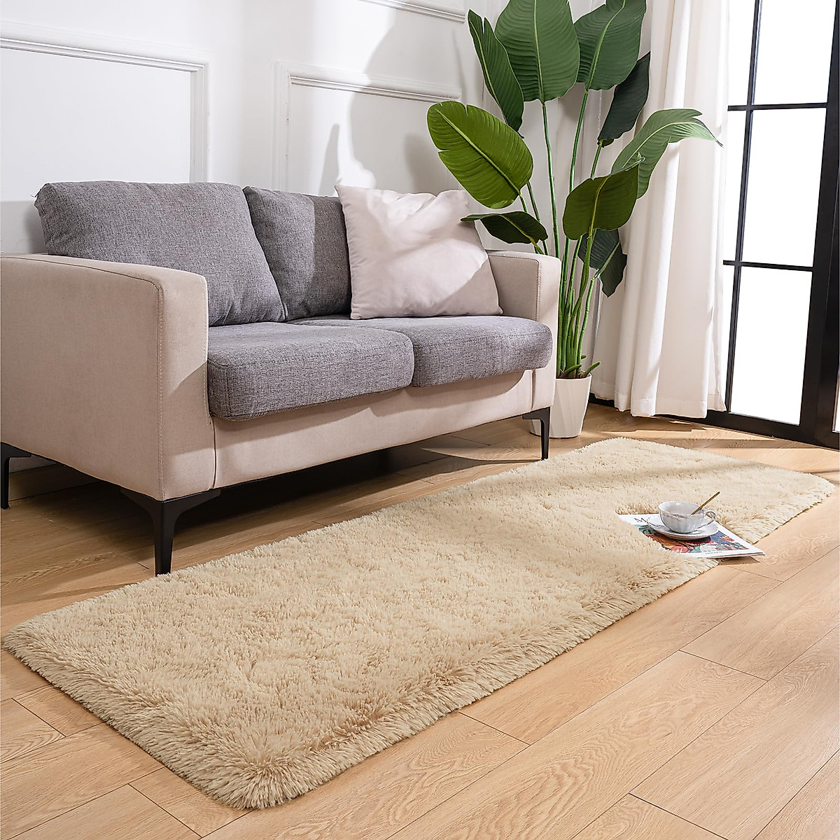 Przemy Fluffy Runner Rug for Bedroom Living Room, 2x6 Feet Beige Shag Area Rugs, Soft Fuzzy Carpet for Bedside Nursery Kids Room College Dorm, Plush Throw Rug for Home Decor