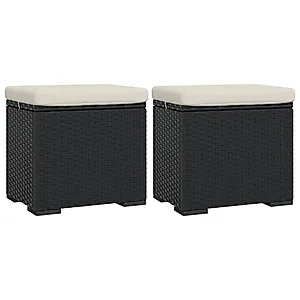 vidaXL Ottomans Set with Cushions - Black Poly Rattan Weather Resistant Outdoor Seating with Powder-Coated Metal Frame and Removable Cushions