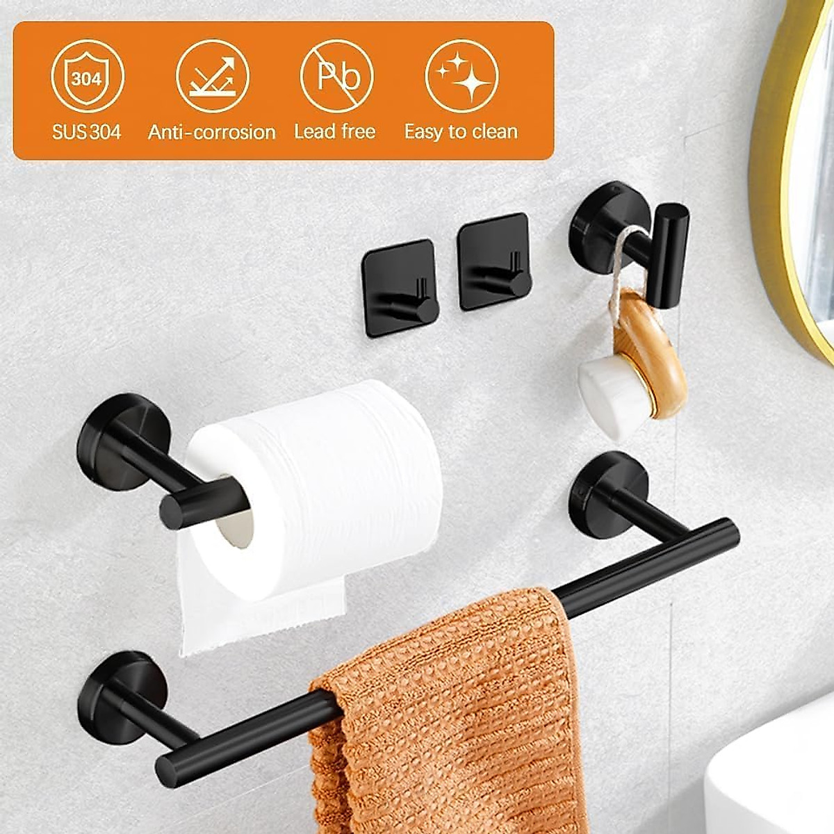 Bathroom Hardware Set, 16" Matte Silver Bathroom Accessory Set, 5 Pieces Hand Towel Bar Set Wall Mounted, Including 16" Hand Towel Bars, Toilet Paper Holders, Robe Towel Hooks Black
