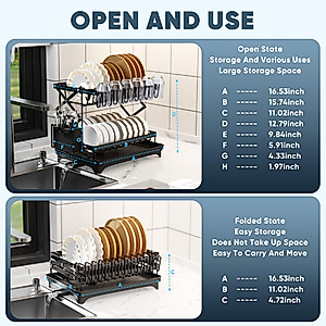 Jifvrnk Dish Drying Rack Collapsible & Rustproof, 2 Tier Dish Rack with Drainboard, Wine Glass Holder & Utensil Holder, Dish Racks for Kitchen Counter, Dish Drainer, Black